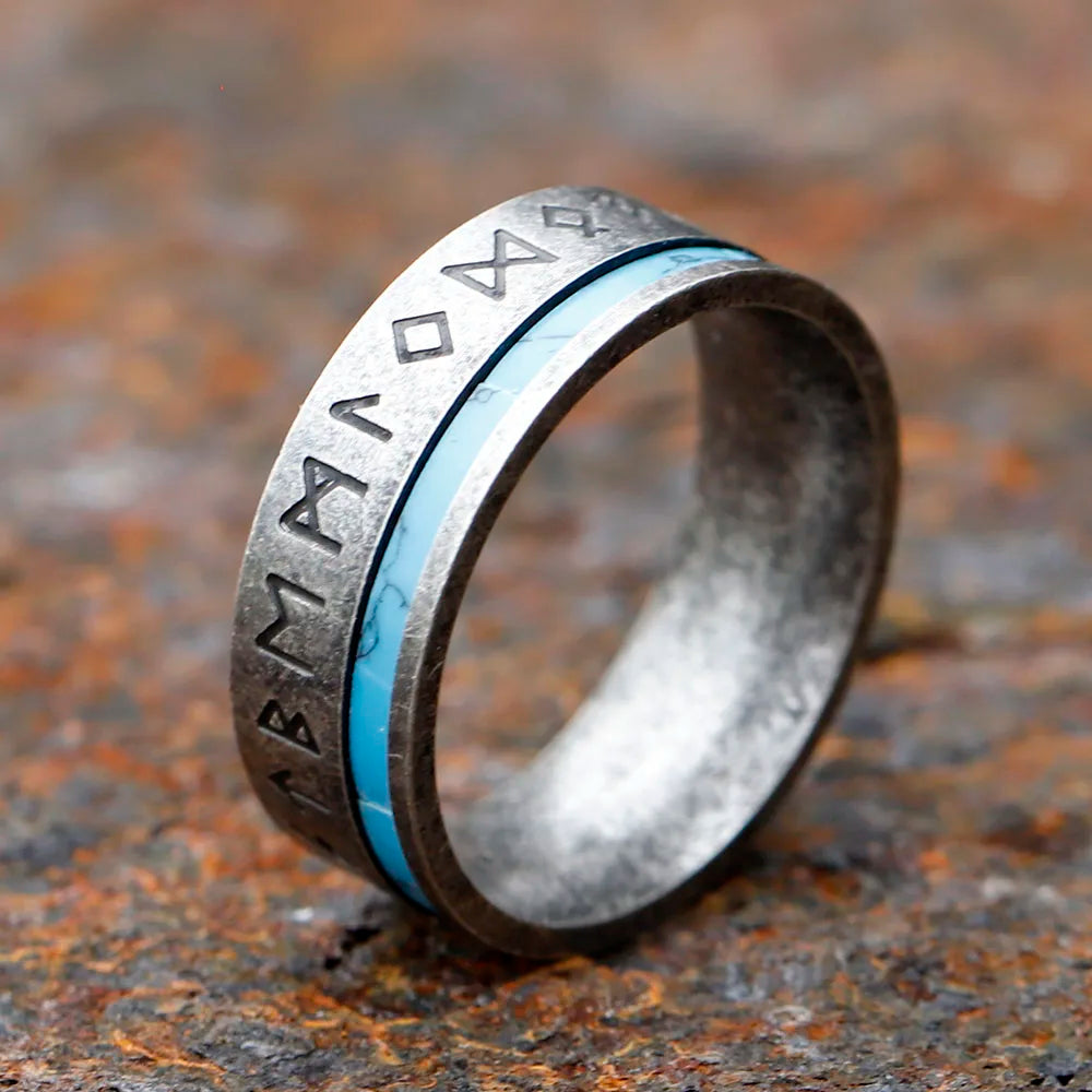 Steel Viking Ring - Rune Symbols with Light Blue Strip – Valhalla Vikings