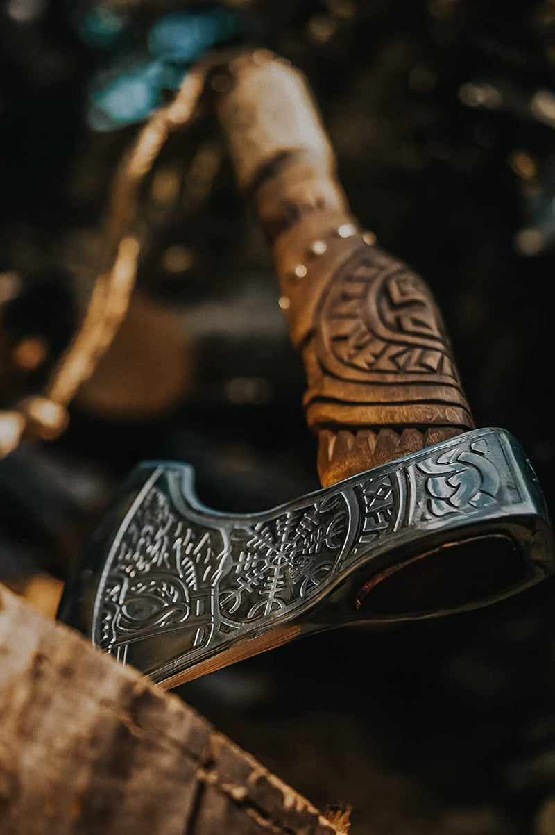 Engraved Viking Battle Axe With Inscribed Brown Leather Handle ...