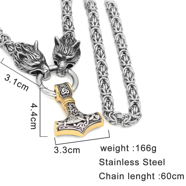 King Chain With Twin Wolf Heads & Gold Trimmed Mjolnir Pendant ...