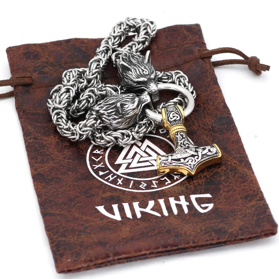 King Chain With Twin Wolf Heads & Gold Trimmed Mjolnir Pendant ...