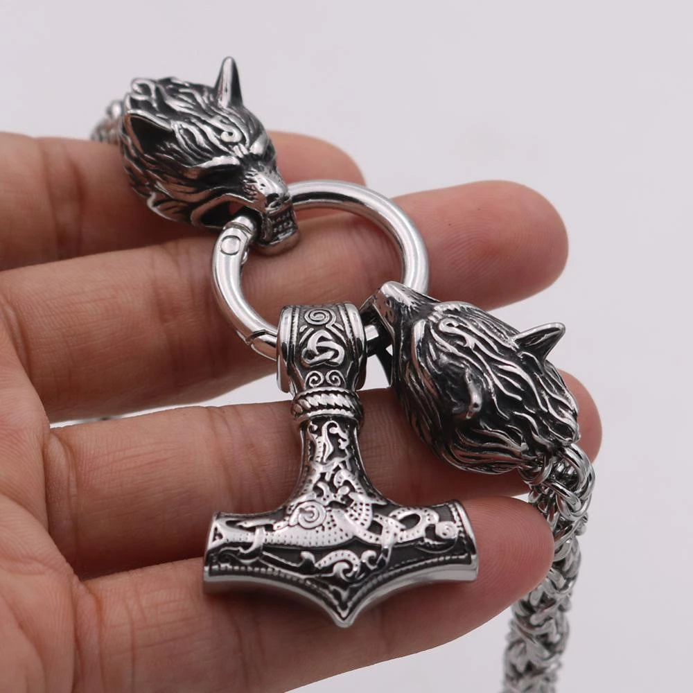 Silver King Chain With Mjolnir Pendant Held By Wolves Heads – Valhalla ...