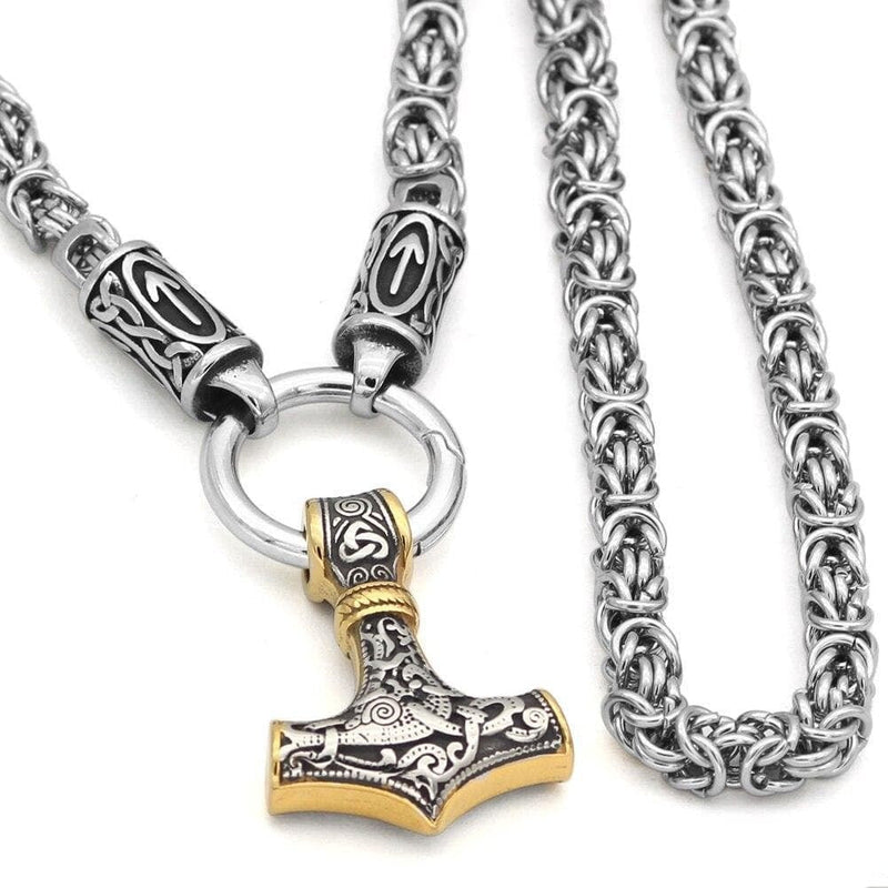 Braided King Chain With Runes And Gold Trimmed Mjolnir Pendant ...