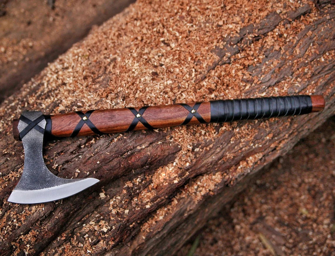 Ragnar Viking Battle Axe With Leather Wrapped Rosewood Shaft - Valhalla ...