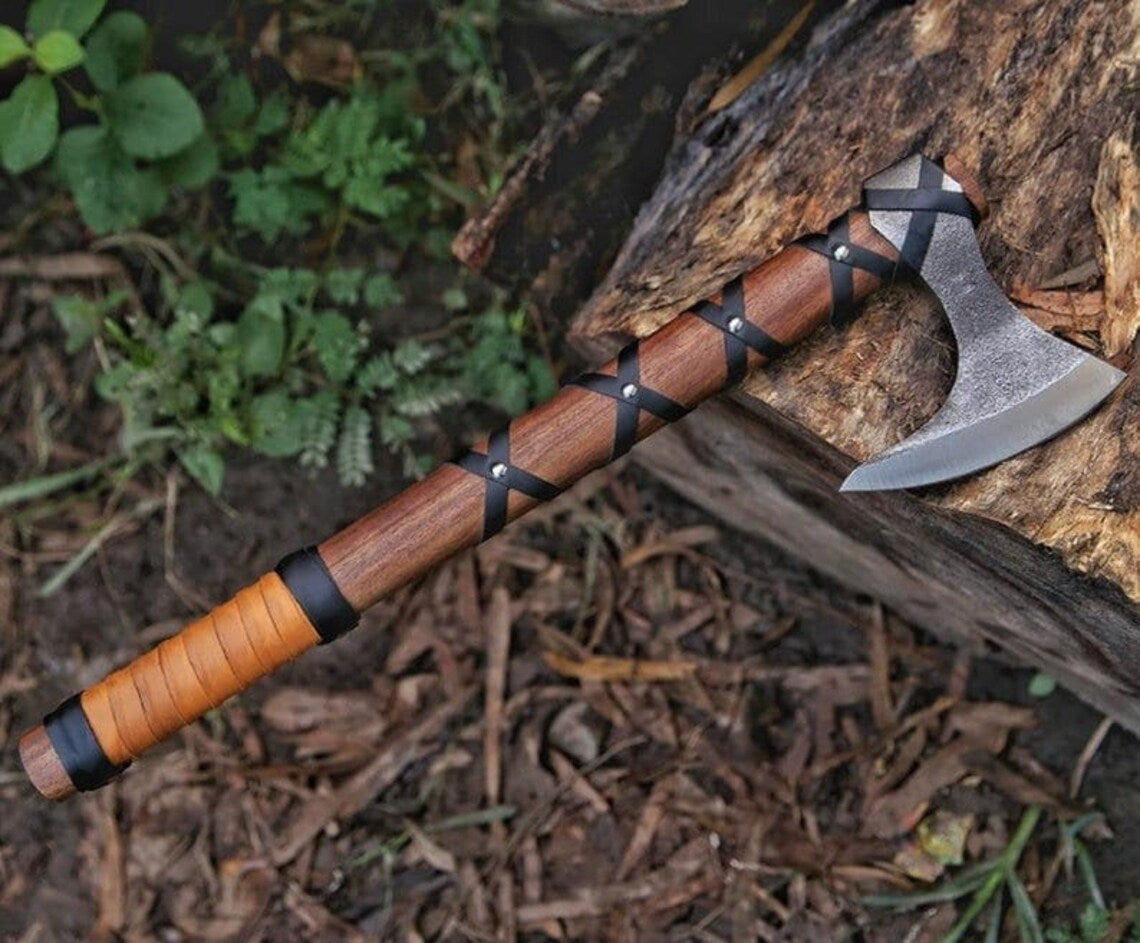 Ragnar Viking Battle Axe With Leather Wrapped Rosewood Shaft - Valhalla ...