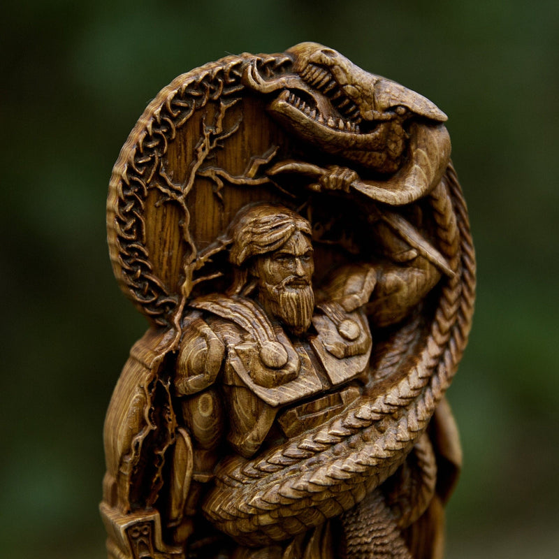 Thor And Jormungand In Battle, Norse God Wooden Sculpture - Valhalla ...
