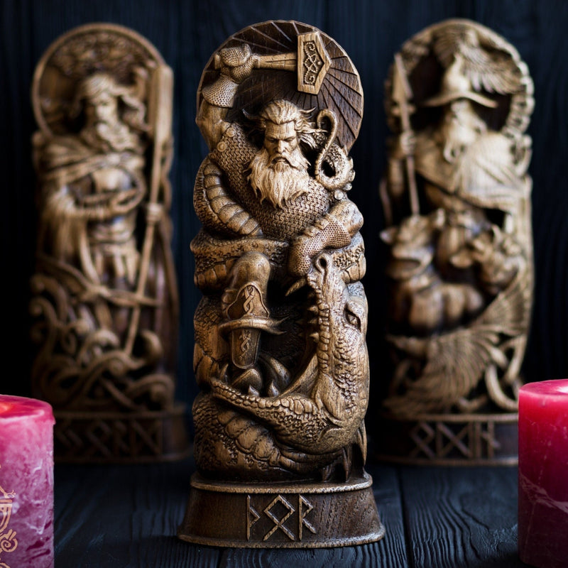 Thor In Battle With Jormungand Sculpture, Norse God Wood Carving Statu ...