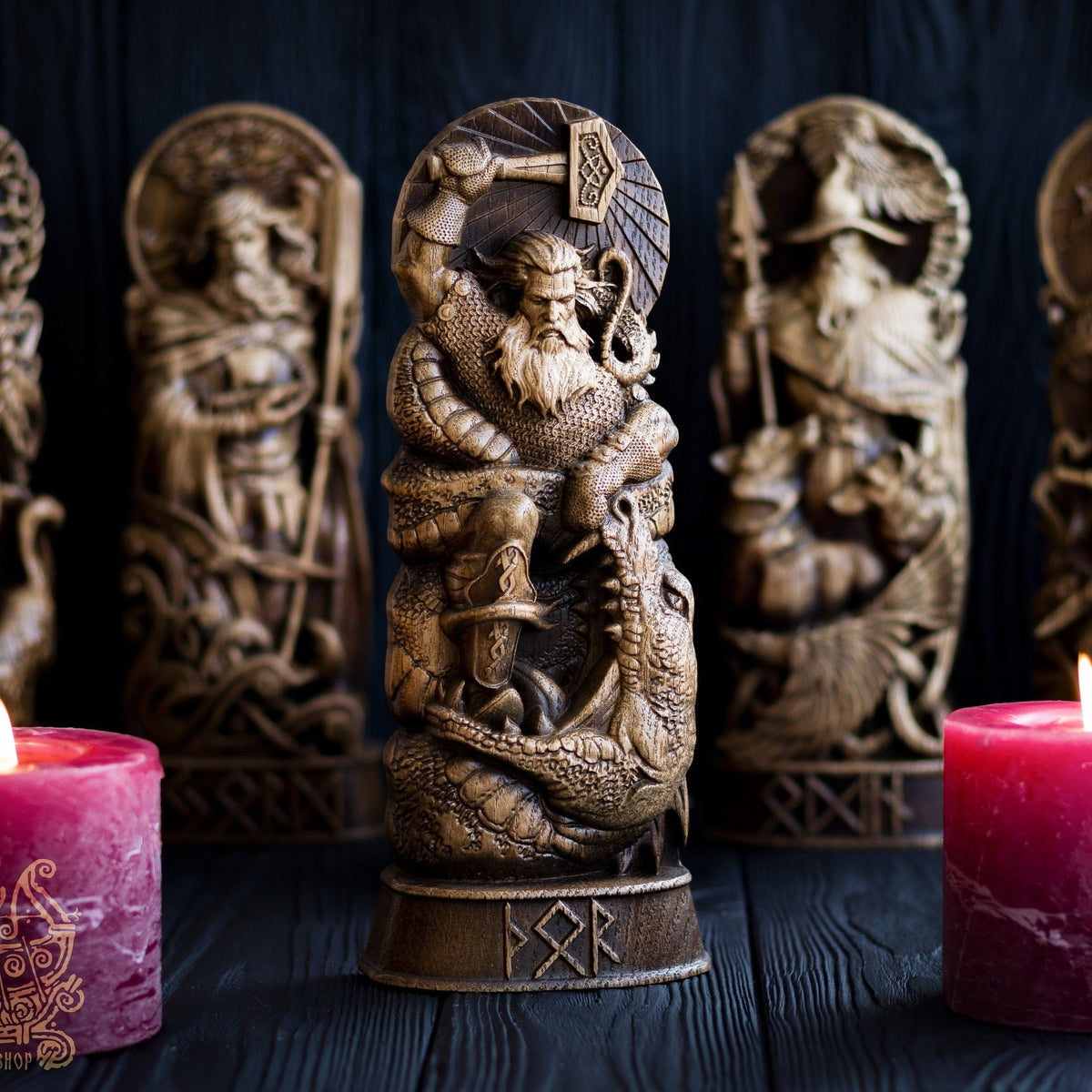 Thor In Battle With Jormungand Sculpture, Norse God Wood Carving Statu ...