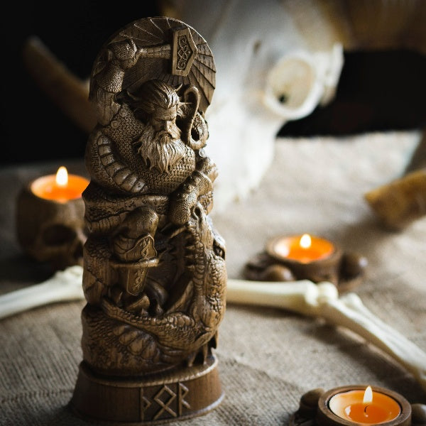 Thor In Battle With Jormungand Sculpture, Norse God Wood Carving Statu ...