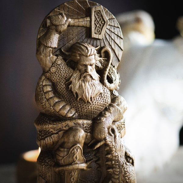 Thor In Battle With Jormungand Sculpture, Norse God Wood Carving Statu ...