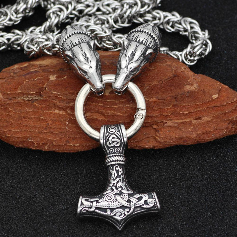 Silver King Chain Featuring Bear Heads Holding Mjolnir Pendant ...
