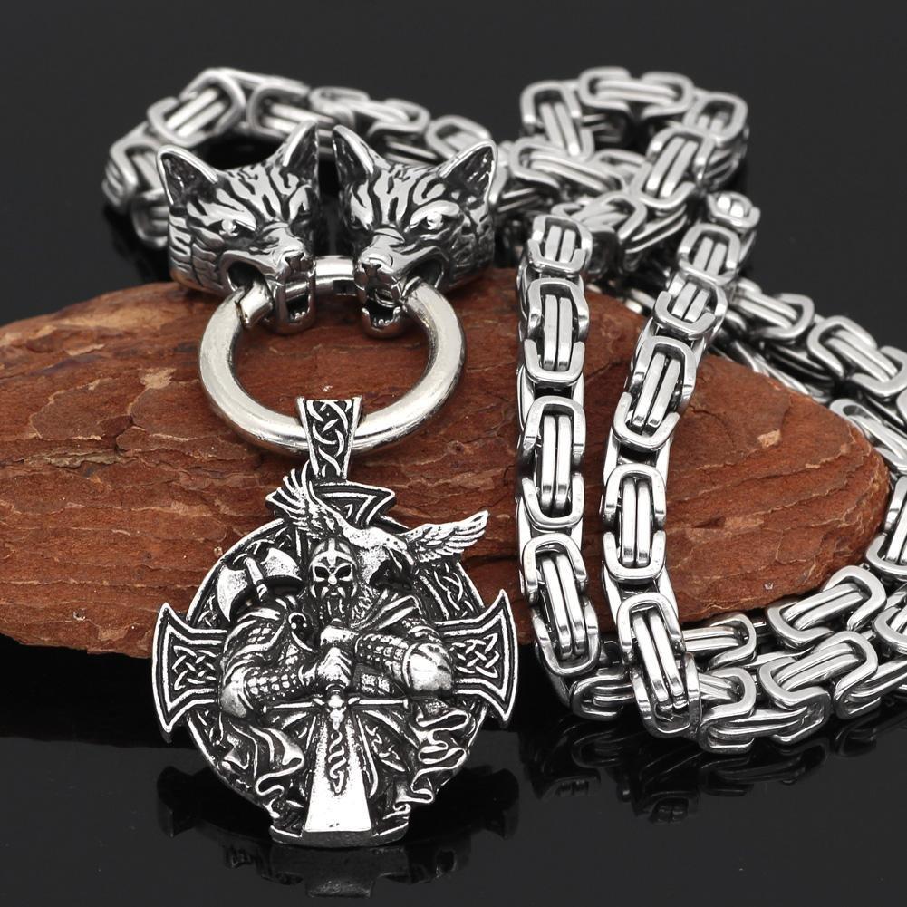 King Chain With Wolf Heads Holding Berserker Pendant – Valhalla Vikings