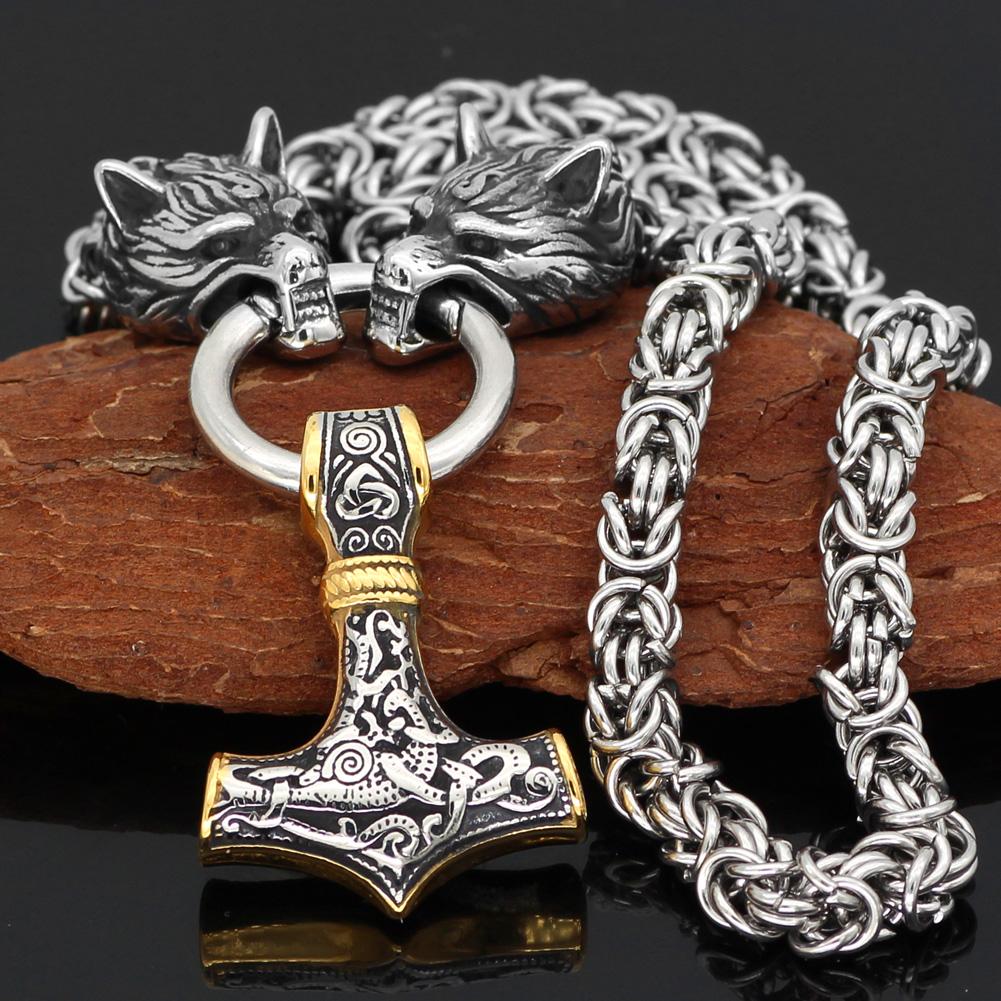 King Chain With Twin Wolf Heads & Gold Trimmed Mjolnir Pendant ...
