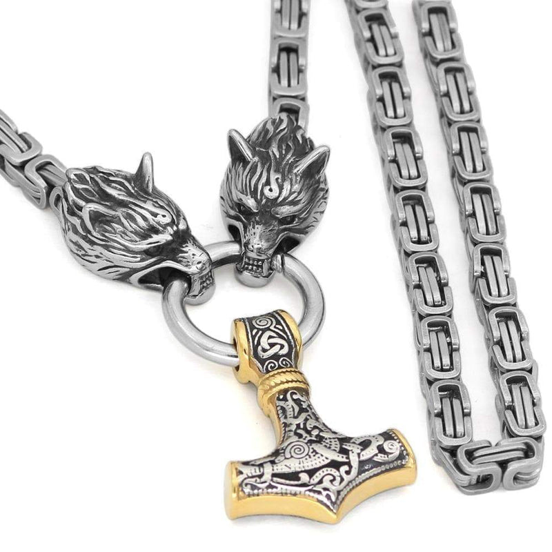 King Chain With Twin Wolf Heads & Gold Trimmed Mjolnir Pendant ...
